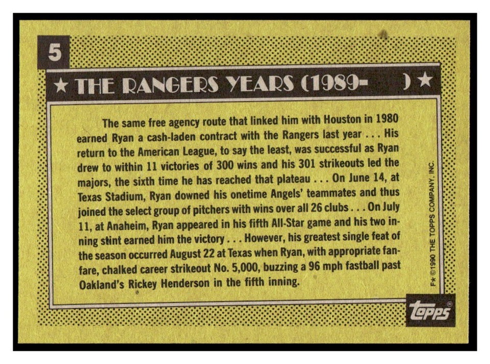 1990 Topps 5000 K's 5 Nolan Ryan Texas Rangers years MLB baseball card ...