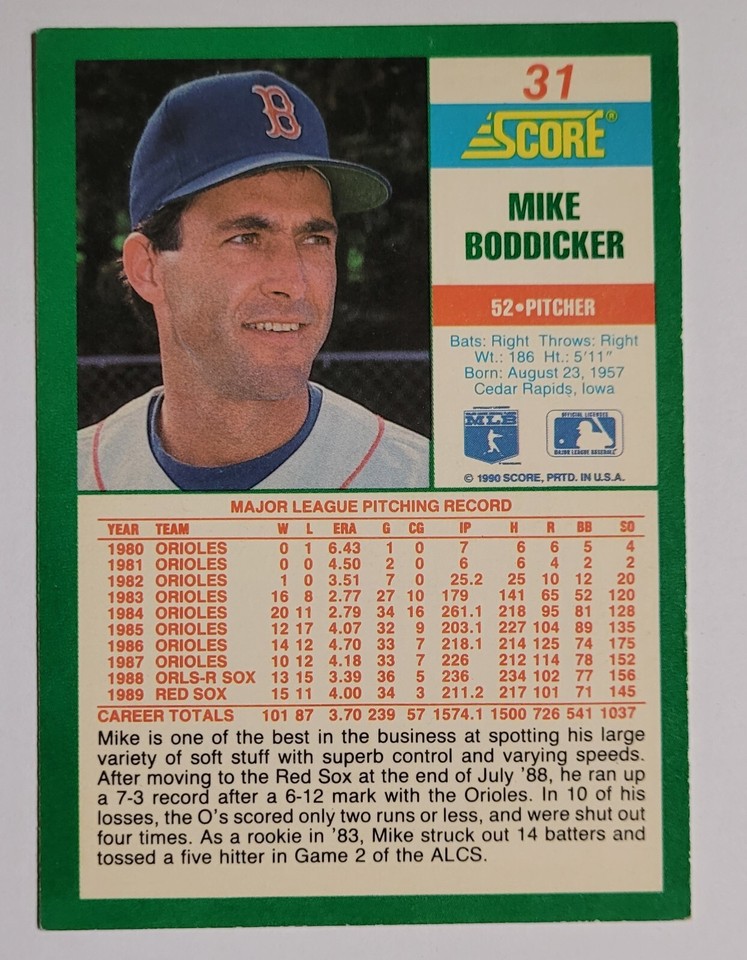 1990 Score Mike Boddicker Boston Red Sox #31 | eBay