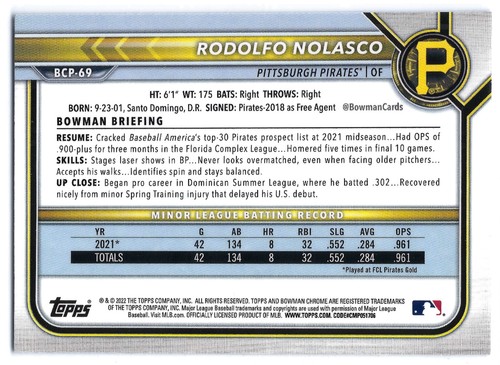 2022 Bowman #BCP-69 Rodolfo Nolasco Pittsburgh Pirates Bowman Chrome ...