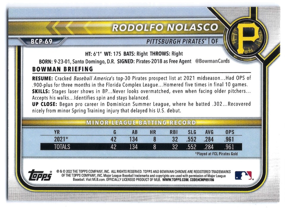 2022 Bowman #BCP-69 Rodolfo Nolasco Pittsburgh Pirates Bowman Chrome ...
