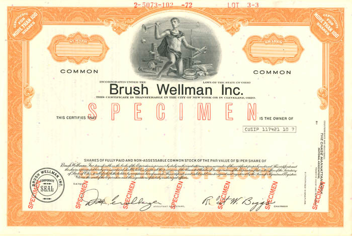 Brush Wellman Inc. - Specimen Stocks & Bonds | eBay