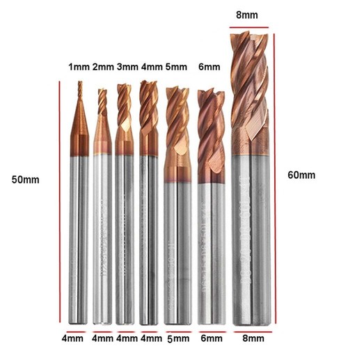 7Pcs HRC55 1mm 2mm 3mm 4mm 5mm 6mm 8mm 4Flute 50mmL Carbide End Mill ...