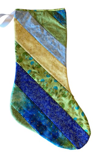 Handmade Quilted Christmas Stocking Long Lined Shades Of Green & Blue ...