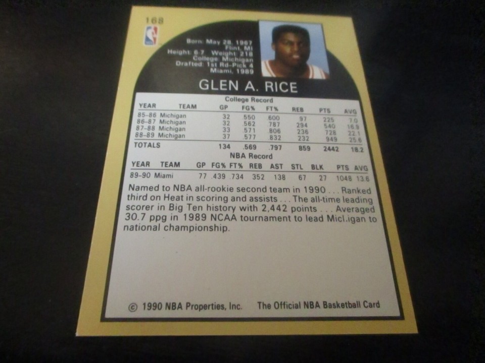 glen rice (miami heat - forward) 1990/91 hoops ROOKIE card #168 mint | eBay