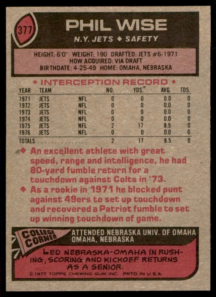 1977 Topps Phil Wise Rookie Football Card New York Jets #377 | eBay