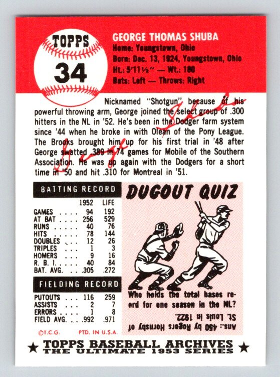 1991 Topps Archives The Ultimate 1953 Set #34 George Shuba FREE ...