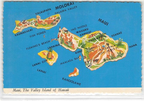 The Valley Island MAUI Hawaii Map Molokai Lanai 4x6 1976 Chrome Vintage ...