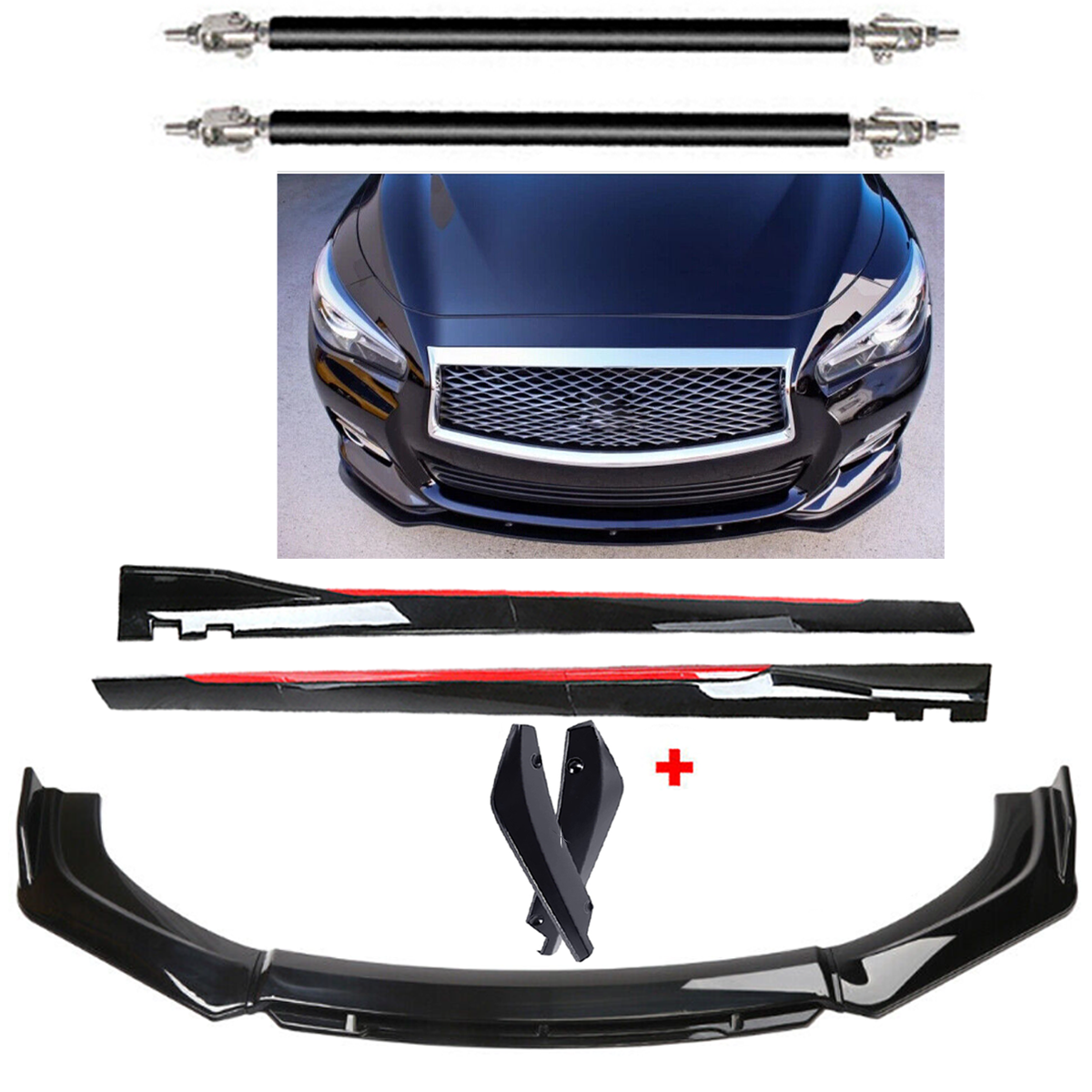 Gloss Black For Infiniti Q60 Front Bumper Lip Spoiler Splitter + Side ...