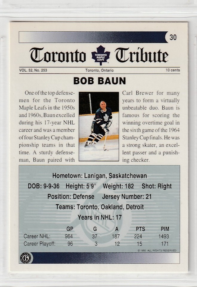 1992 Ultimate Toronto Maple Leafs #30 Bobby Baun Autograph | eBay