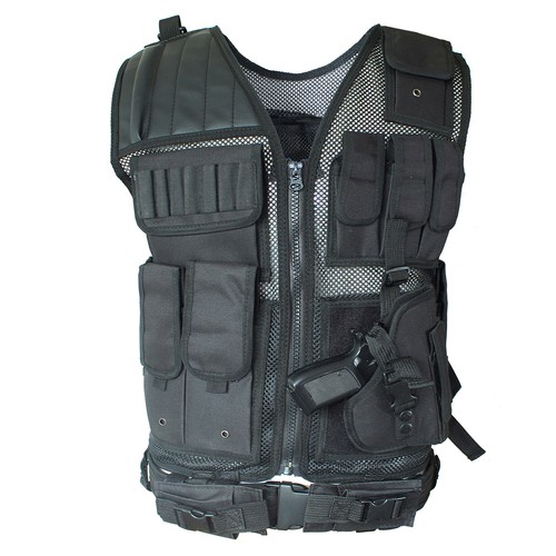 Tactical Vest Molle with Gun Holster Black Combat Assault Police ...