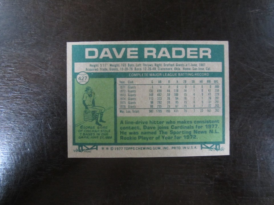 1977 Topps # 427 Dave Rader Card St Louis Cardinals | eBay