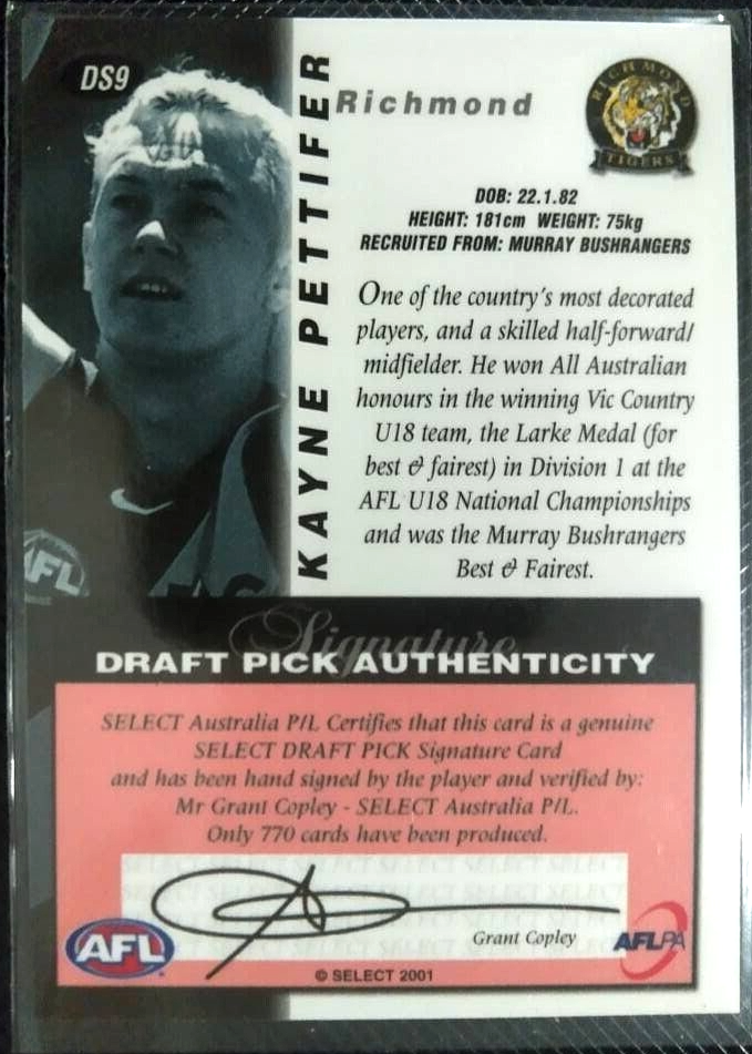 2001 AFL SELECT AUTHENTIC DRAFT PICK SIGNATURE DS9 KAYNE PETTIFER ...