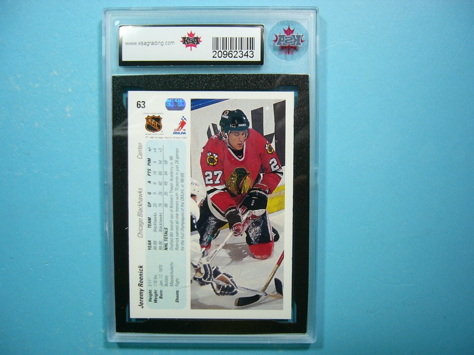 1990/91 UPPER DECK NHL HOCKEY CARD 63 JEREMY ROENICK ROOKIE RC KSA 9.5 ...