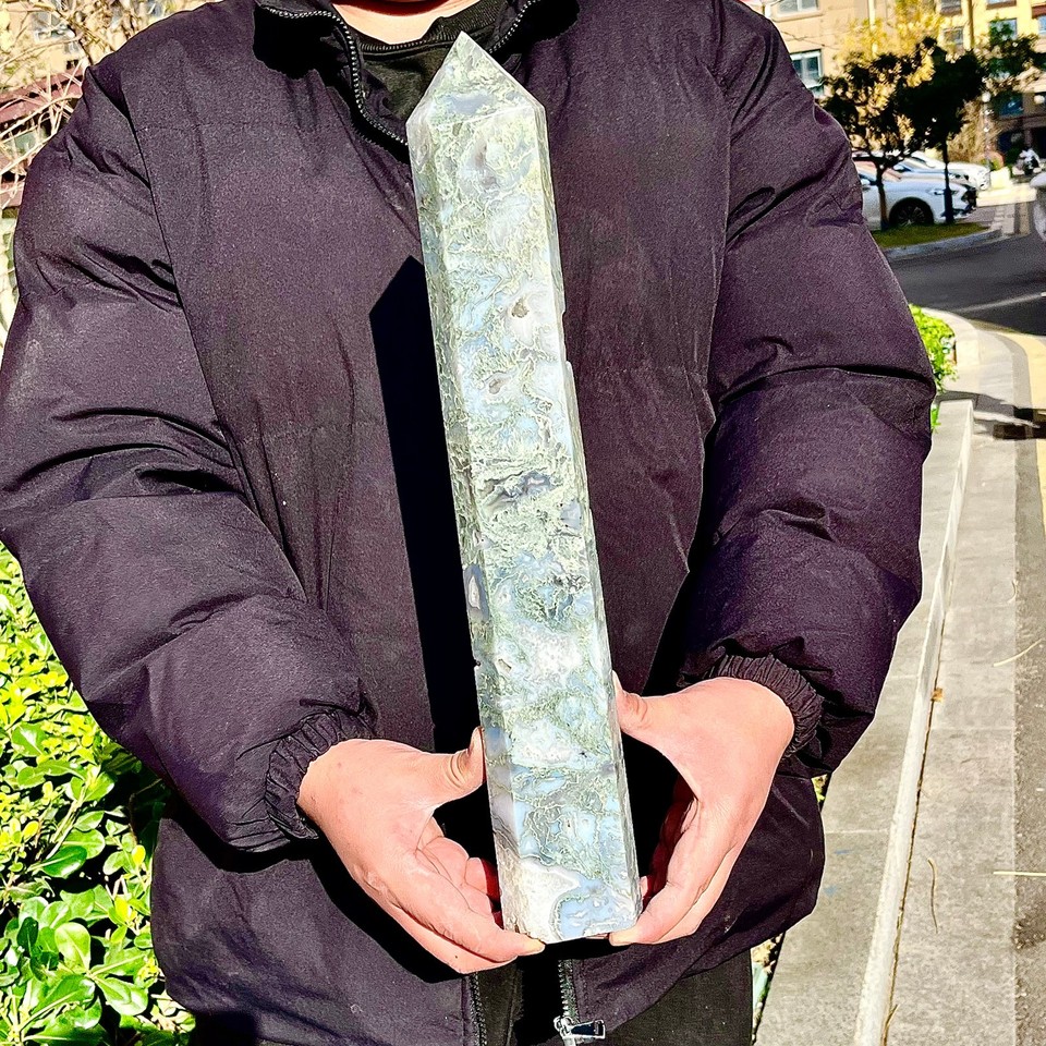 6.53LB Natural water grass agate wide column Obelisk quartz crystal ...
