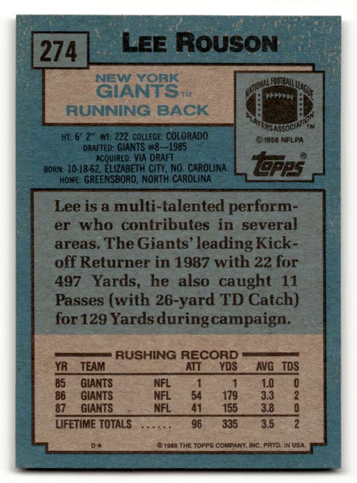 1988 Topps #274 Lee Rouson New York Giants Football Cards EX/NM ID ...