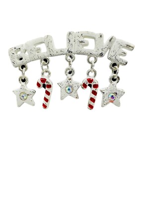 "Believe" White Christmas Brooch With Dangling Candy Canes & Stars ...