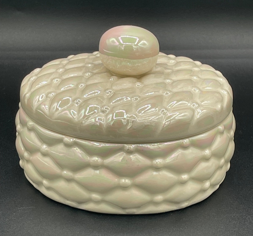Vtg. Arnels Ceramic Iridescent White Lusterware Quilted Round Trinket ...