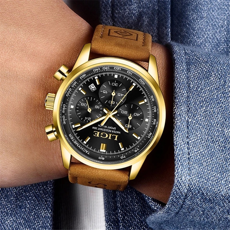 LIGE Men Watch Top Brand Luxury Military Leather Wristwatch Male ...