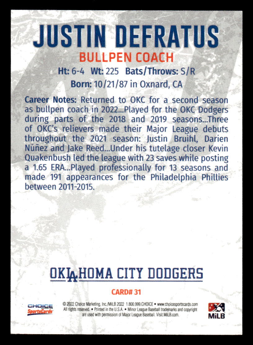 Justin De Fratus 2022 Choice Oklahoma City Dodgers #31 Oklahoma City ...