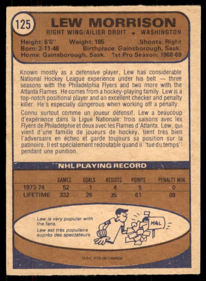 1974-75 O-Pee-Chee NM Lew Morrison #125 | eBay
