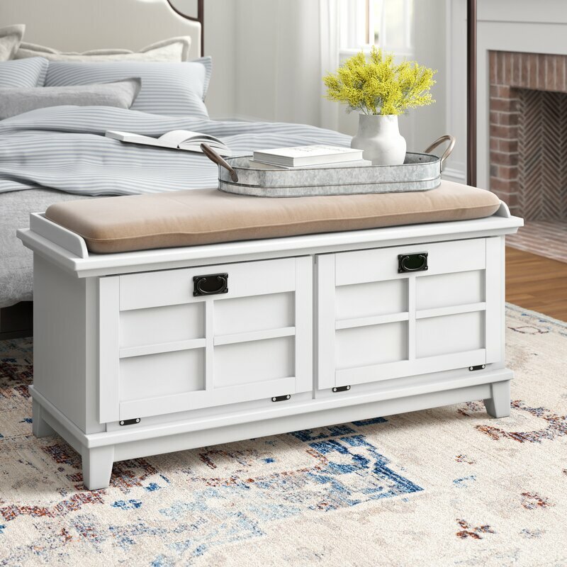 White Wooden Storage Bench w/ Cushion Entryway Bedroom Hallway ...