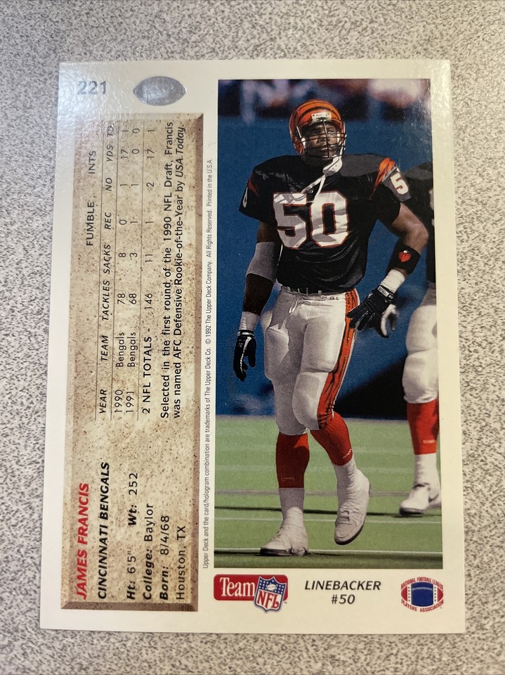 1992 Upper Deck James Francis Autographed Card #221 Cincinnati Bengals ...