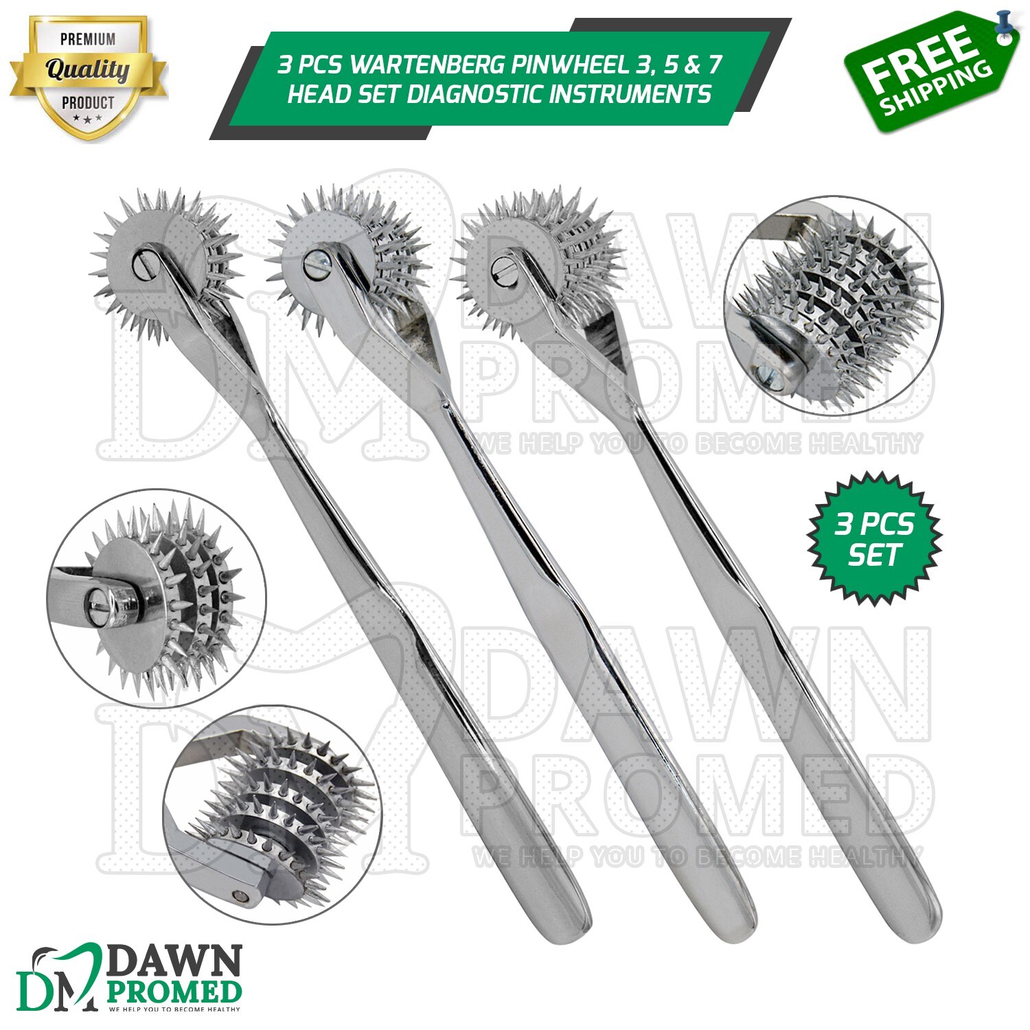 3 Pcs Wartenberg Pinwheel 3, 5 & 7 Head Set Neuro Medical Diagnostic ...