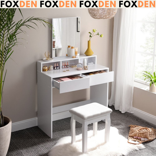 White Dressing Table with Large Mirror Vanity Table with 2 Drawers Make ...