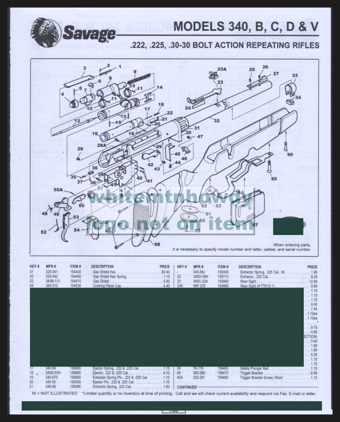 1999 SAVAGE 340, B, C, D, V Bolt Action Repeating Rifle Schematic Parts ...