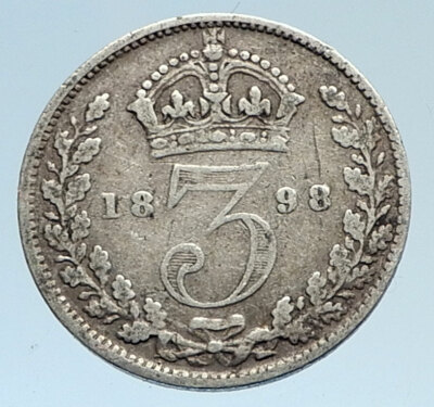 1898 UK Great Britain United Kingdom QUEEN VICTORIA 3 Pence Silver Coin ...