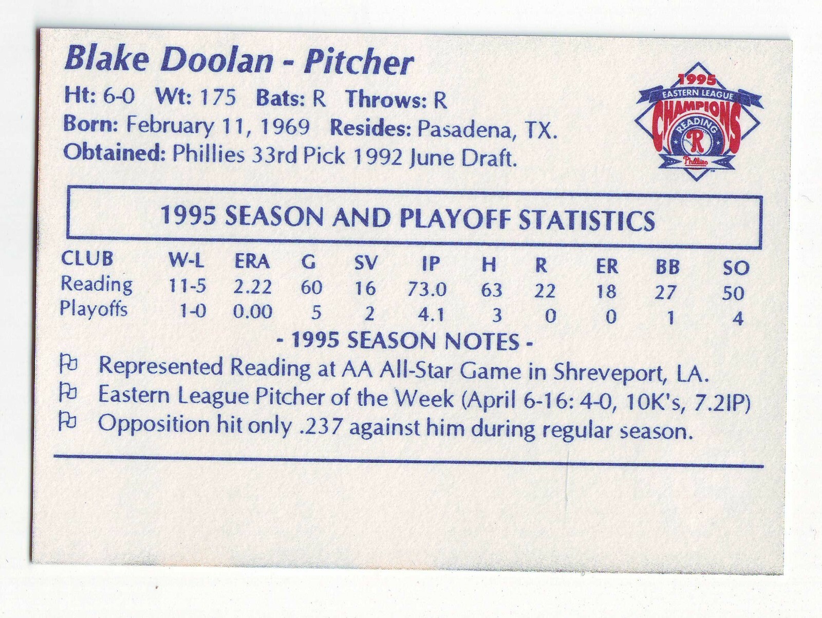 1995 Reading Phillies Eastern League Champions Blake Doolan | eBay