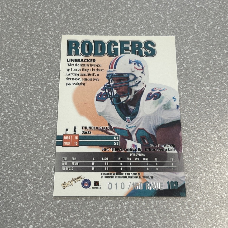 Derrick Rodgers 1998 Skybox Thunder Rave 10/150 Miami Dolphins #163 | eBay