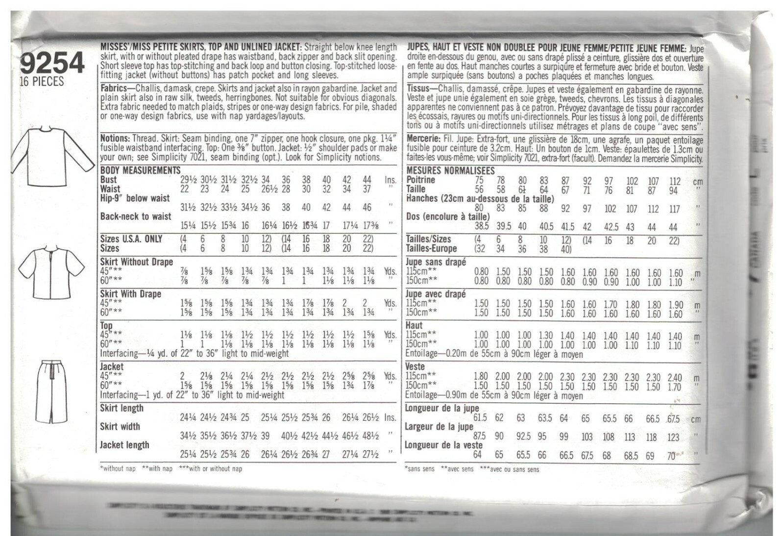 9254 UNCUT Simplicity SEWING Pattern Misses Skirt Top Unlined Jacket ...