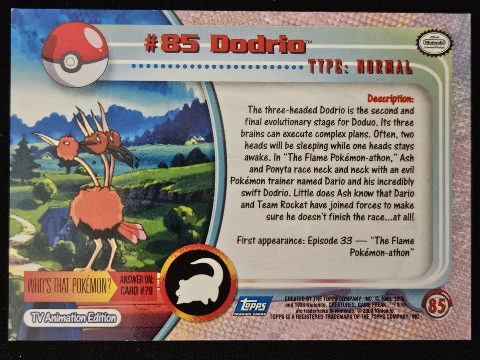Dodrio #85 Topps Blue Label TV Animation Edition Non Holo Pokémon TCG ...