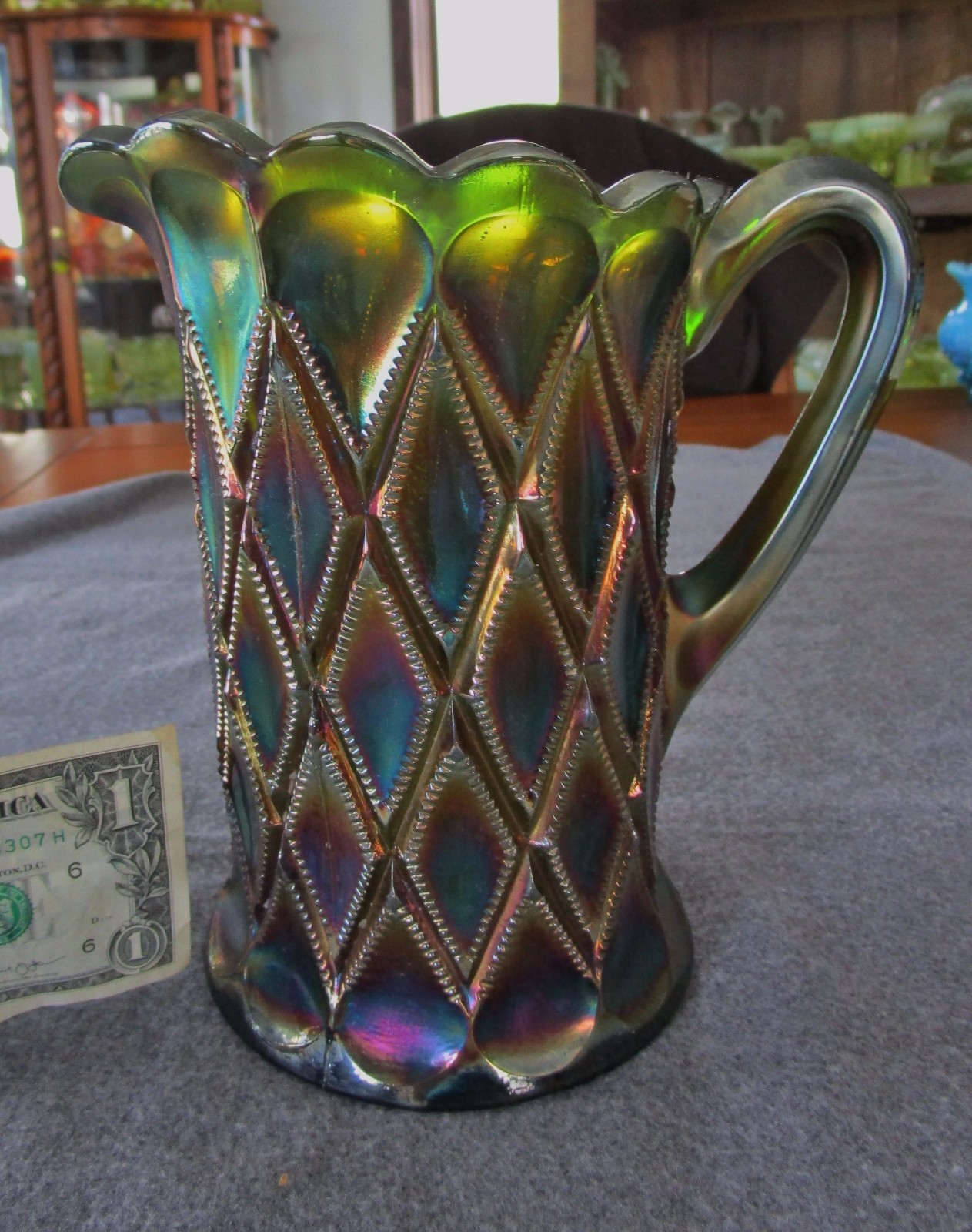 MILLERSBURG ELECTRIC GREEN CARNIVAL GLASS DIAMONDS PITCHER | eBay