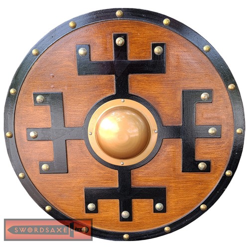 Viking Runes Helm of Awe Aegishjalmur Norse Wood Round Shield Gold Boss ...