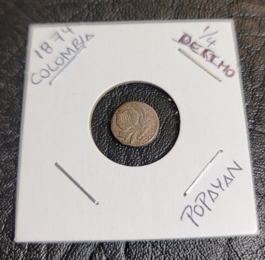TONING! 1874 COLOMBIA - 1/4 DECIMO (CUARTILLO) - Silver Coin - POPAYAN ...