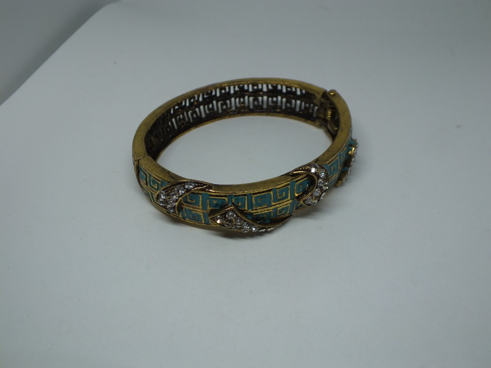 Beautiful Clamp Bracelet Brass Tone Teal Enamel Rhine… - Gem