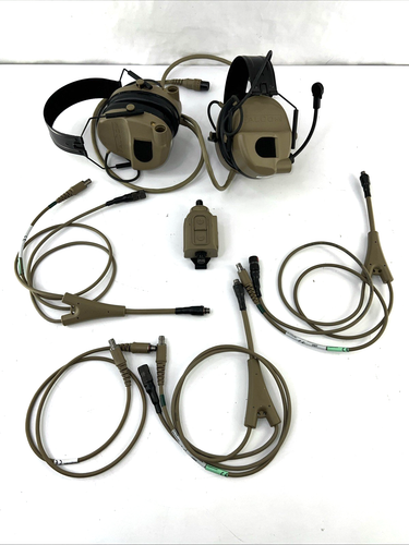 FalCom OTE2000 Tactical Tan 2x Headsets 3x Y-Cables Volume Control ...