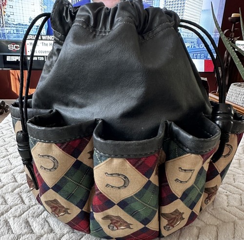 Vintage Black Leather 10 Pocket BINGO Drawstring Bag With Horses And ...