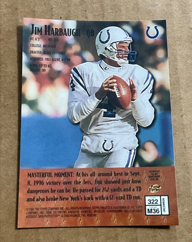 1997 Topps Finest Uncommon # 322 Jim Harbaugh Indianapolis Colts | eBay