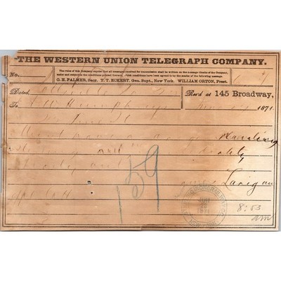 1871 Western Union Telegraph 145 Broadway NY Sterling Iron & Railway Co ...