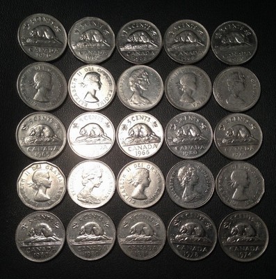 Old Canadian Nickel Lot - 25 Coins - 1955-1981 - PURE NICKEL - FREE ...