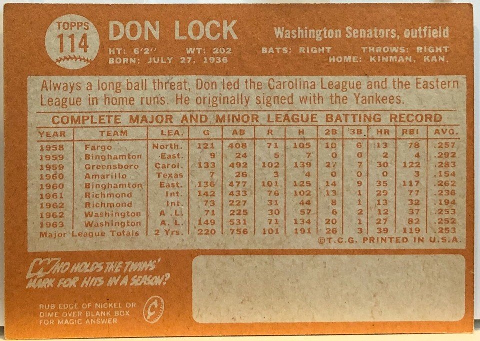 1964 Topps Baseball Card #114 Don Lock Washington Senators | eBay