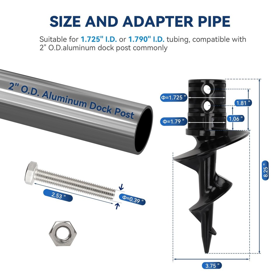 Dock Pole Auger for 2 Inch OD Tubing 2 Pack Floating Dock Post Anchor ...