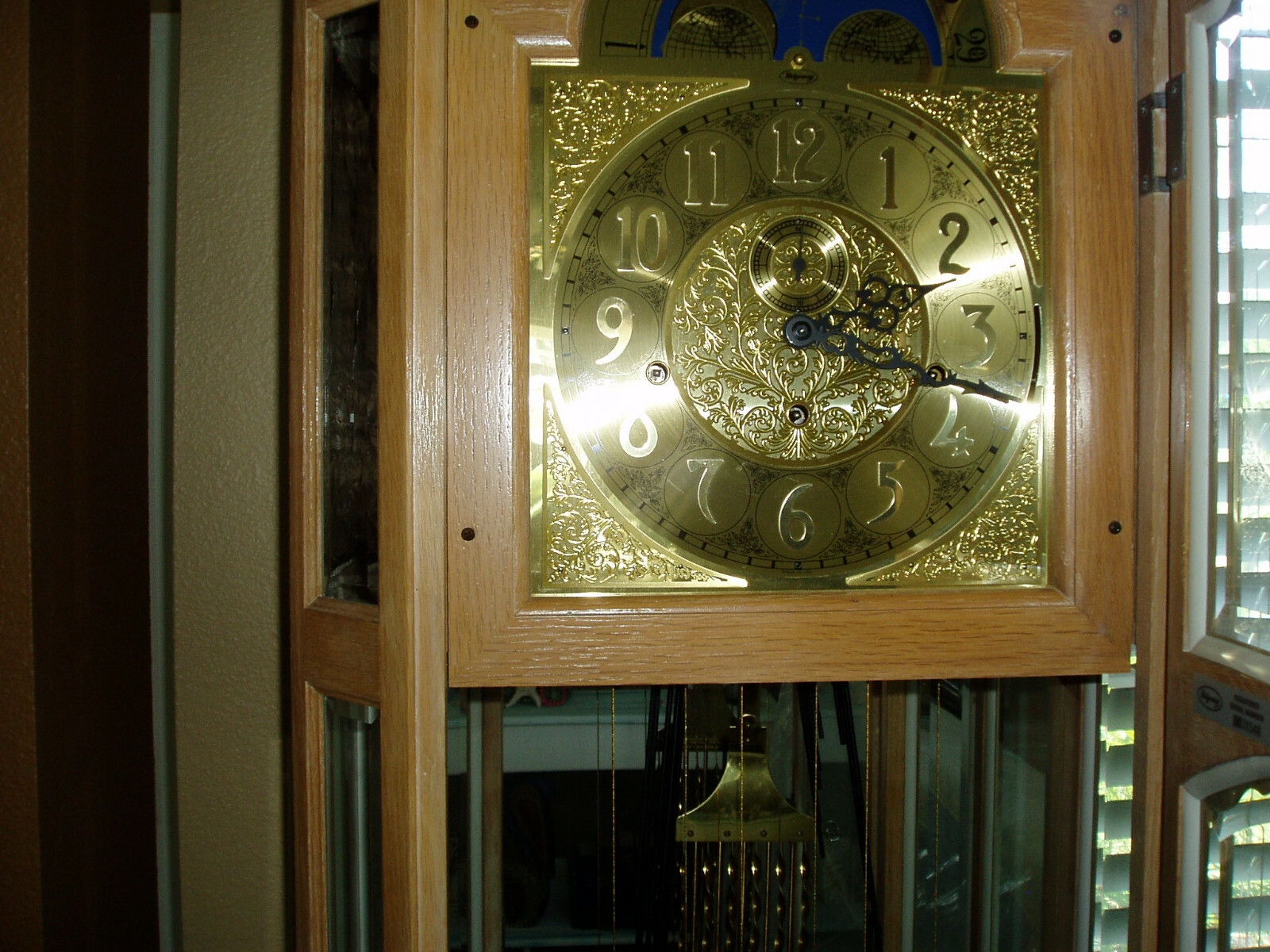 RIDGEWAY GRANDFATHER CLOCK- PENDULUM CHIME-RARE BLONDE OAK WOOD,BEVELED ...