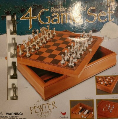 Cardinal 2002 Pewter & Wood 4 Game Set Checkers Backgammon Tic Tac Toe ...