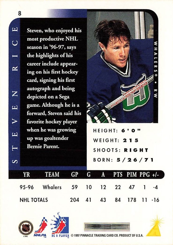 1996 Pinnacle Be a Player #8 Steven Rice Hartford Whalers | eBay