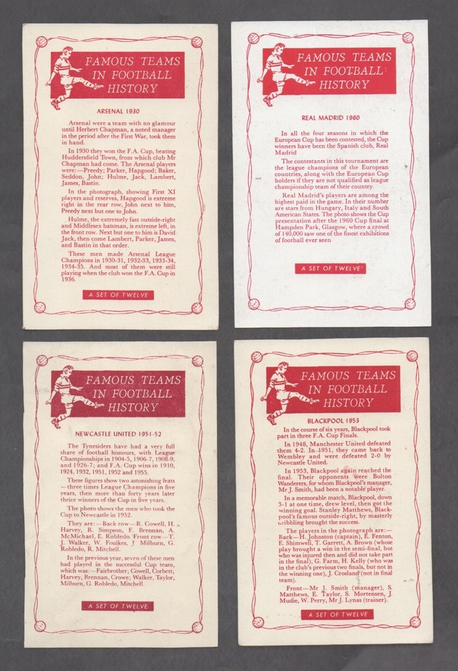 4 THOMSON CARDS: FAMOUS TEAMS IN FOOTBALL HISTORY Stanley Matthews ...