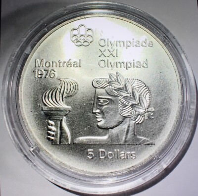 1974 CANADA $5 STERLING SILVER BU COIN - Flaming Torch Montreal ...